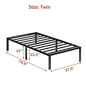 zunatu 14 Inch Twin Metal Bed Frame Foundation No Box Spring Needed Heavy Duty Tall Platform with Large Storage Easy Assembly Mattress Noise Free, Black