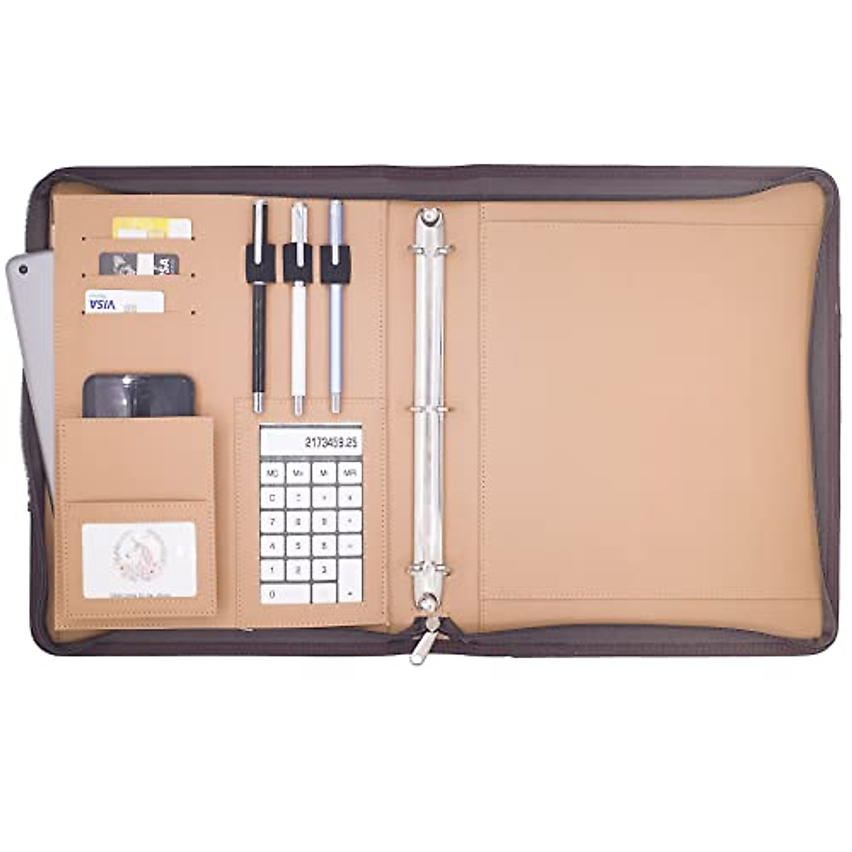 ECEIRO Leather Portfolio Ring Binder - Three Ring Binder Organizer Zippered Padfolio Folder Portfolio Organizer with Hidden Handle Cute Office Leather Binder - Gifts Supplies for Women