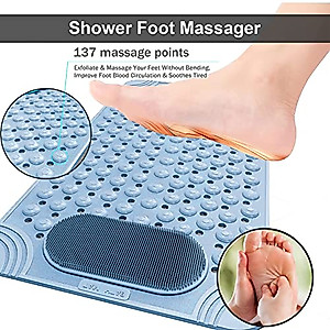 Bathtub Mat Non-Slip Rubber Shower with Drain Holes Suction Cups, Quick Easy Cleaning, Feet Massage, Bath for Tub & Stall Bathroom, Machine Washable (27.5×14.2in, Blue)