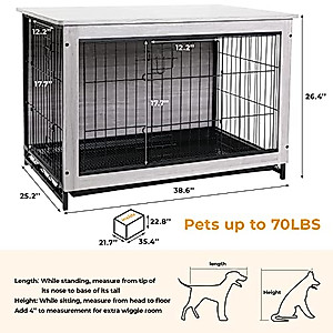 Arlopu 44.1/38.6/29.1 Large Dog Crate Furniture, Side End Table, Mordern Kennel, Wooden Heavy-Duty Dog Cage, Dog House, Indoor End Table, Night Stand,w/Removable Tray, Double-Door, 3mm(Dia) Wire