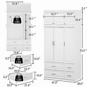 AIEGLE 3 Doors Wardrobe Armoire with 4 Drawers, 47.2" Wide Large Freestanding Armoire Wardrobe Closet with Shelves, Hanging Rod & Top Storage Cabinet, Bedroom Clothes Organizer Set, White