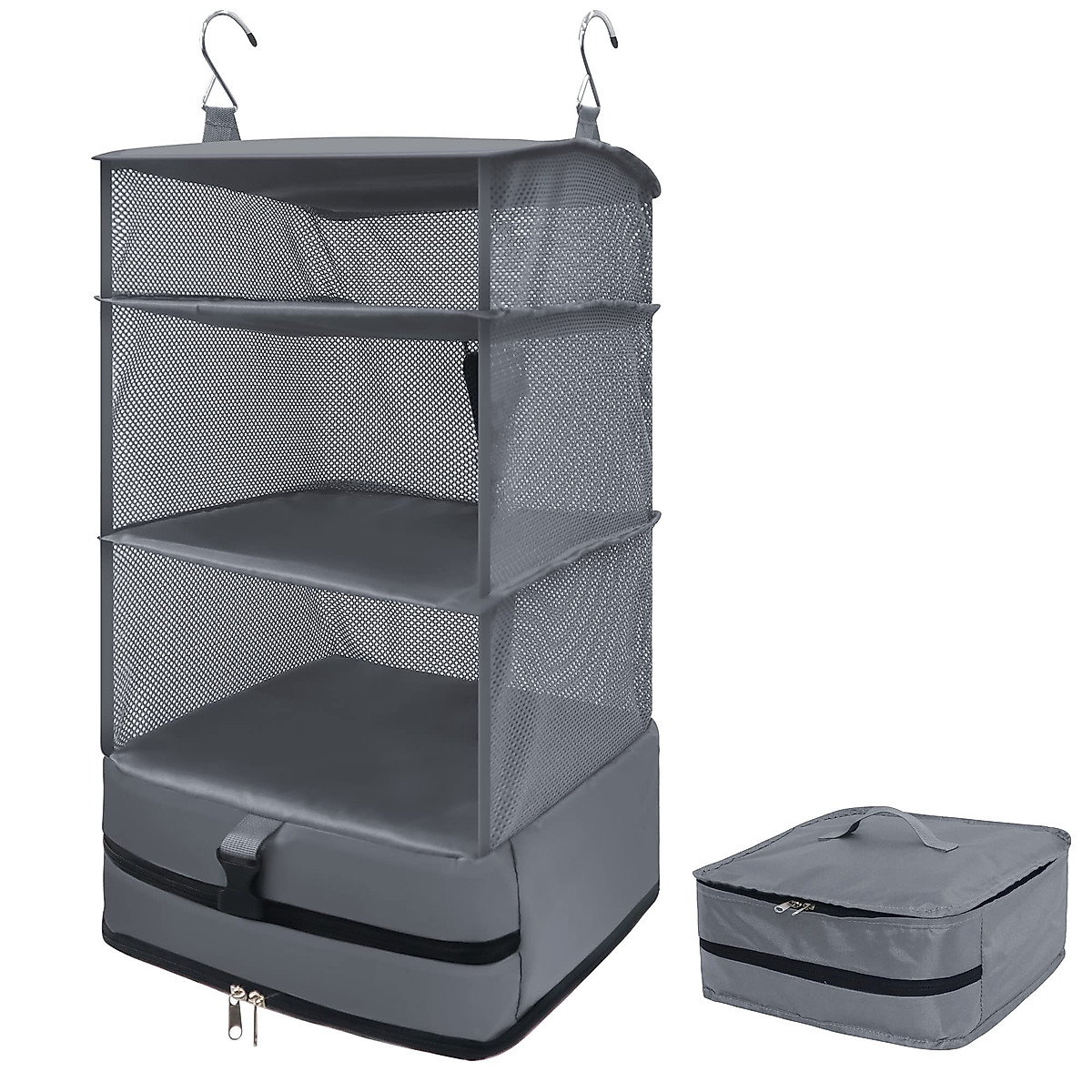 Caroeas Portable Hanging Travel Shelves Bag Suitcase Organizer Carry-on Closet Packing Cubes for Travel, 4-Shelf Suitcase Closet with 2 Hooks, Large Capacity, Gray