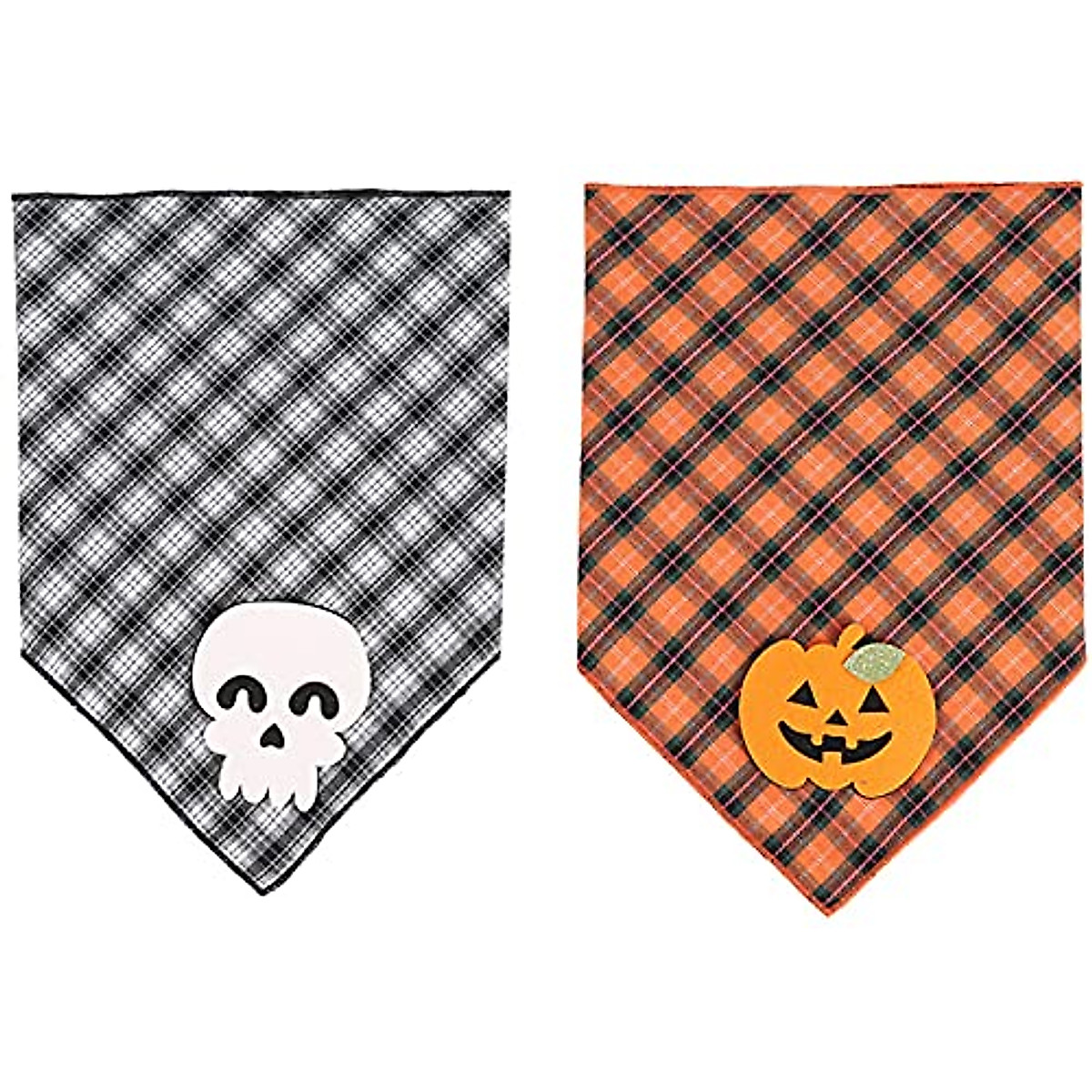 Dog Halloween Bandana 2Pack, Plaid Triangle Scarf with Designer Appliques for Dogs
