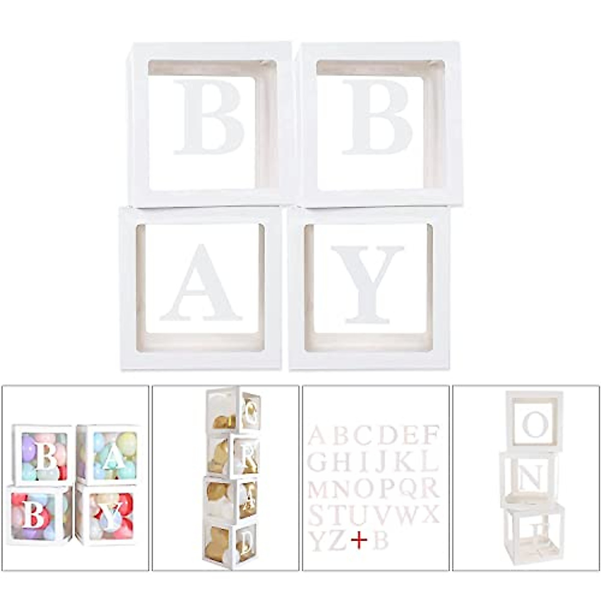 Baby Shower Balloon Boxes Decorations - Baby Boxes with 27 Letters,4pcs Transparent Baby Blocks for Gender Reveal,Wedding，Grad Decorations,Boy Girl Birthday Party Decorations, DIY Name Combination