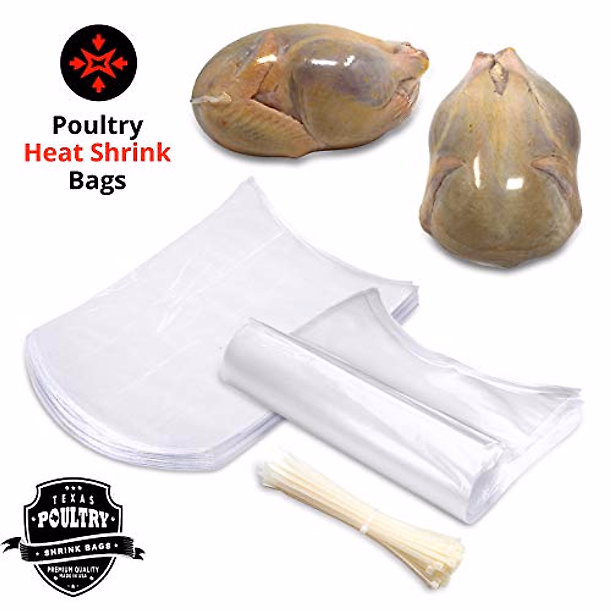 Poultry Shrink Bags - Clear 13" x 18" Chickens or Rabbits - w/zip ties included / 2.5 Mil/Freezer Safe Commercial Grade BPA BPS Free (50)