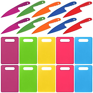 Yinkin 20 Pcs Kids Plastic Knife Set with Cutting Board Toddler Knife Tools, Including 10 Child Safe Knife 10 Kids Chopping Board Kids Cooking Utensils for Cooking Club, Preschool (Bright,Basic)