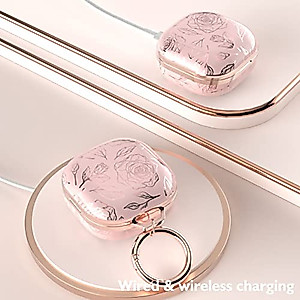 TATOFY Case for Galaxy Buds 2 Pro, Galaxy Buds 2, Galaxy Buds Pro, Galaxy Buds Live, Golden Leaf Golden Flower Hard Case with Carabiner, Support Wireless Charging, LED Visible (Pink & Golden)