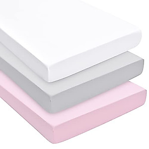 David's Kids 3 Pack Mini Crib Sheets, Ultra Soft Silky Comfy Pack N Play Sheets for Boys Girls Neutral，Universal Fit for Pack N Play, Playard and Mini Crib Mattresses, White & Light Grey & Pink