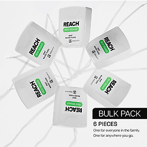 REACH Waxed Dental Floss, Mint, Plaque Remover for Teeth, Shred Resistant, Floss Slides Smoothly, Easy to Use, Waxed, Deep Cleaning Teeth, Oral Care, PFAS Free, for Adults & Kids, 6 Pack, 55 yd