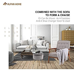 ALPHA HOME Round Storage Ottoman with Removable Lid Tufted Vanity Dressing Chair Velvet Fabric Shoe Change Footrest Stool Side Table Seat Tray Top Coffee Table with Golden Chromed Metal Legs,Grey