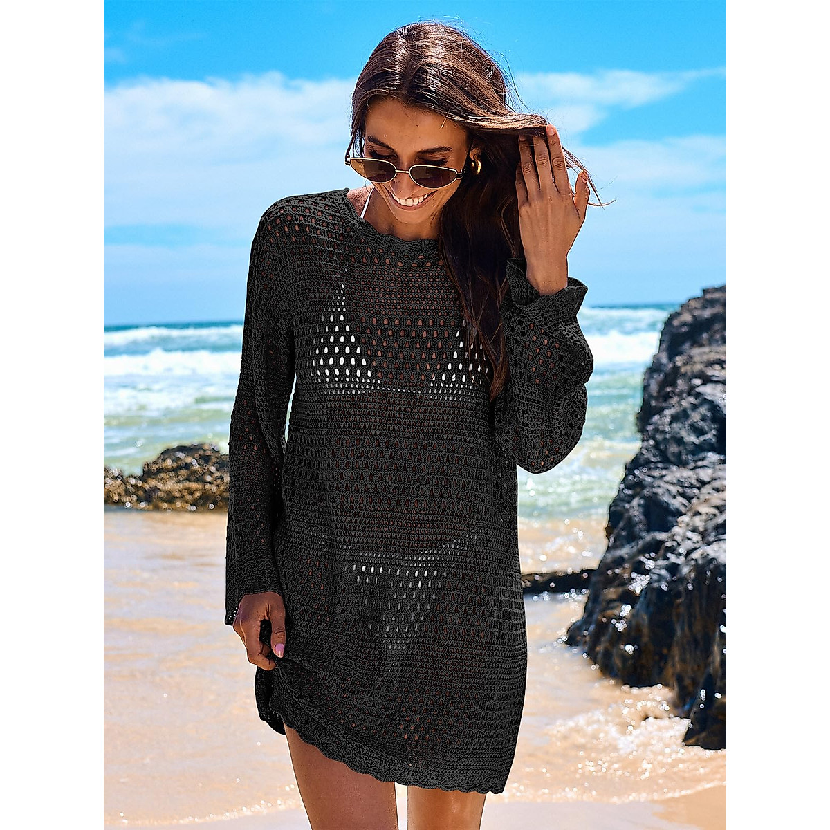 ANRABESS Women Swimsuit Crochet Swim Cover Up 2025 Summer Bathing Suit Swimwear Mesh Knit Beach Dress Vacation Outfits Black Medium