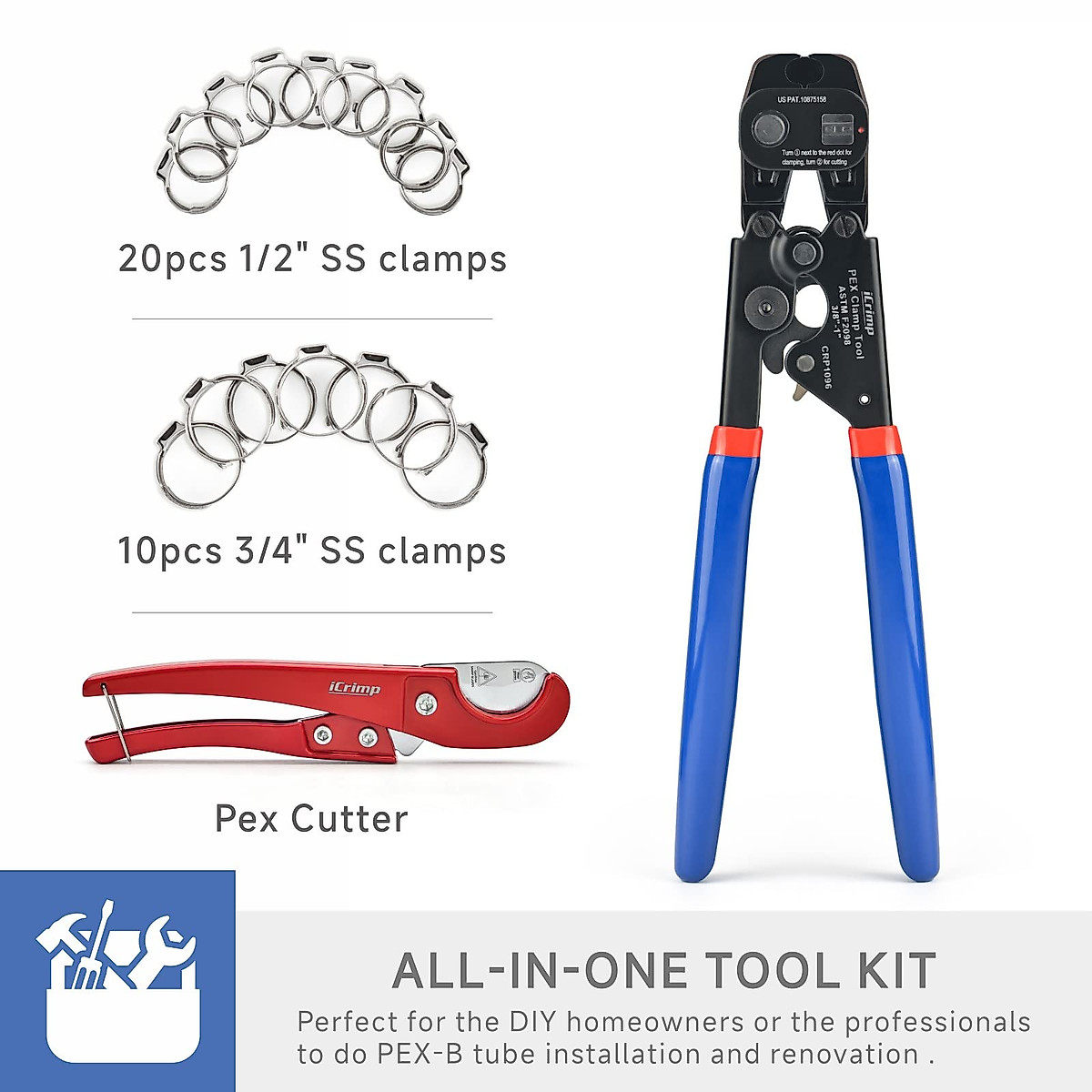 iCRIMP Ratchet PEX Cinch Tool with Removing function for 3/8 to 1-inch Stainless Steel Clamps with 20PCS 1/2-inch and 10PCS 3/4-inch PEX Clamps and Pipe Cutter- All in One