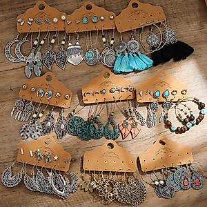 45 Pairs Fashion Hollow Drop Dangle Earrings Set for Women Girls Bohemian National Style Eardrop with Bronze Waterdrop Leaf Feather Shaped Vintage Jewelry for Gifts