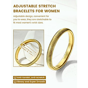 KeyStyle Gold Bangles for Women Thin Stretch Bracelets, High Polished Snake Link Flexible Bangle Bracelet (10mm wide)