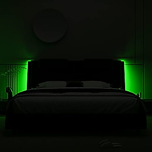 Keyluv Modern Upholstered Bed Frame with Adjustable LED Headboard, Pu Leather Platform Bed with Wave-Like Curve Design and Solid Wooden Slats Support, No Box Spring Needed, Noise Free, Queen, Black