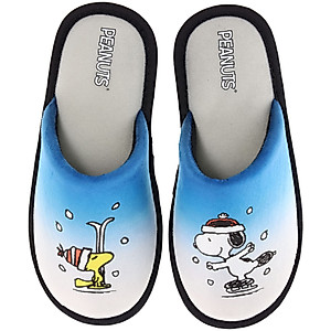 Peanuts Family Slippers, Mismatch Holiday Scuff Snoopy & Woodstock, Blue