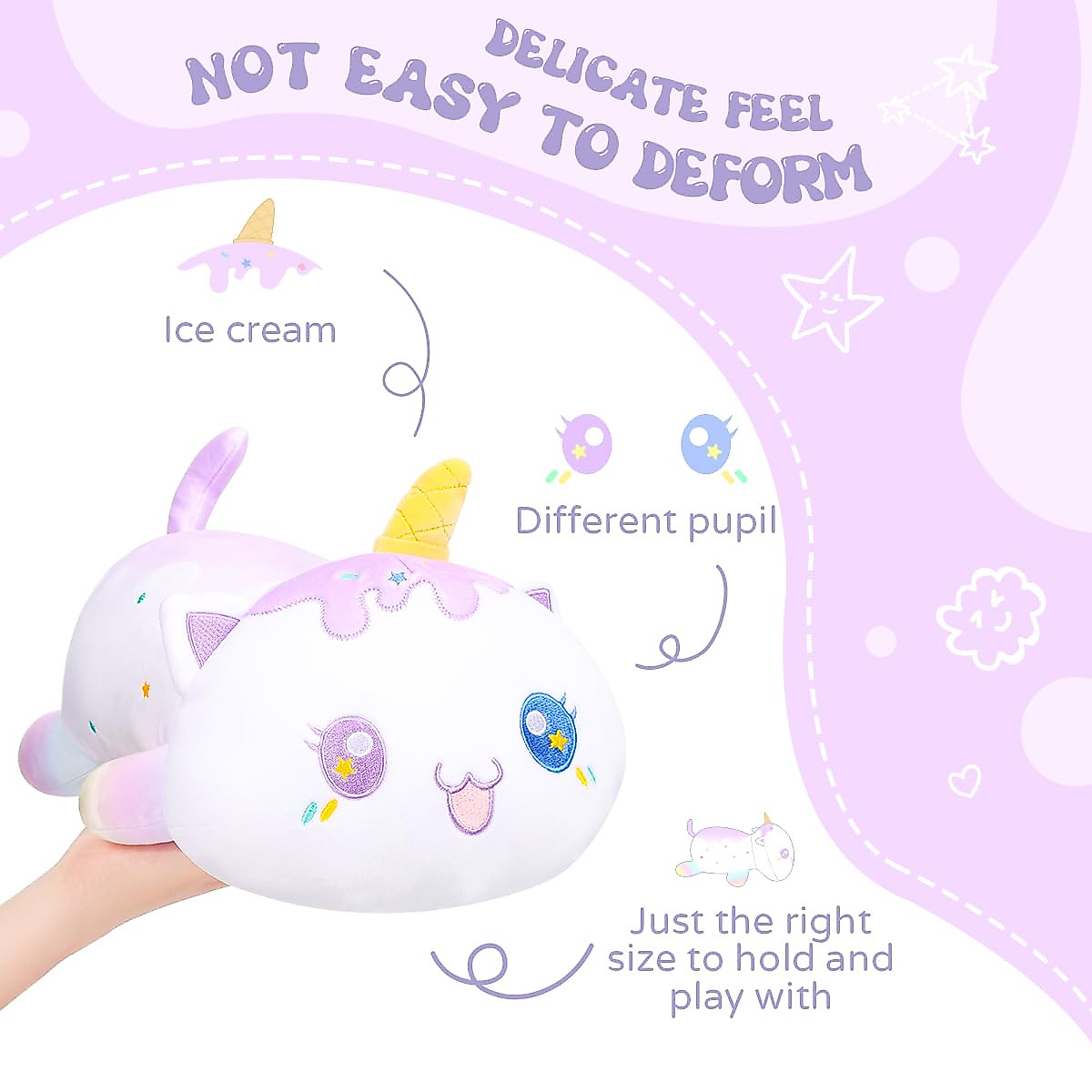 AIXINI Cute Cat Plush Pillow 13.7" Ice Cream Cone Kitten Stuffed Animal, Soft Kawaii Cat Plushie Gift for Kids