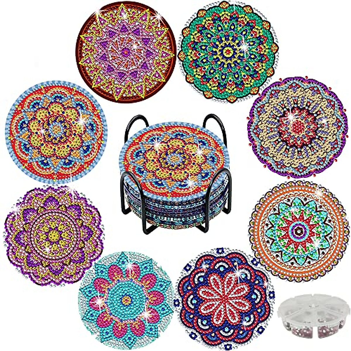 8Pcs DIY Mandala Diamond Painting Coasters Kits with Holder, Cork Mat and Diamond Storage Box, Suitable for Adults, Beginners and Kids Are Also Friendly, Great Home and Dining Room Decor