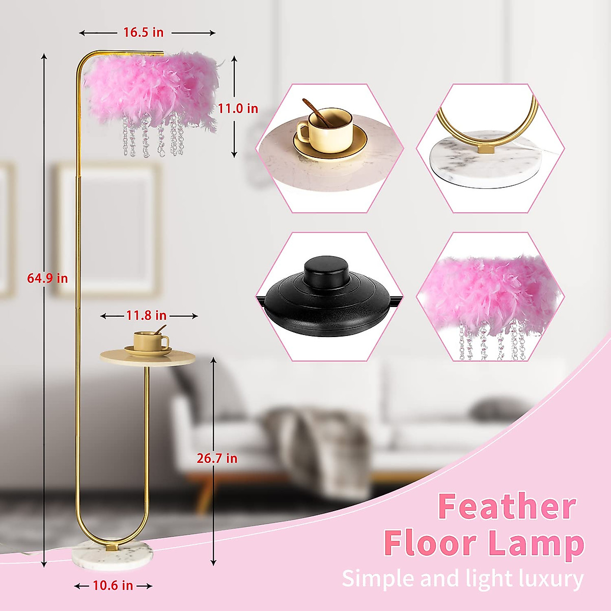beaysyty Unique Led Pink Feather Floor Lamp with Tray,Ostrich Feather Stand Lamp,Living Room Bedroom Office Shop Window Decoration Lamp,Foot Switch and Brass/Gold Finish Arc Floor Lamp