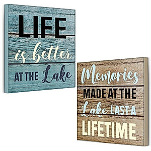 2 Pcs Summer Lake House Decor Memories at The Lake Life Is Better at The Lake Box Sign Wooden Motivational Decor Rustic Lake Cabin Home Wall Decor Primitive Country Lake Sign Farmhouse Kitchen Decor