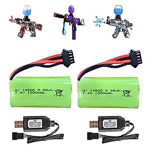 BTEDZSW Gel Blaster Battery 2 Pack 7.4V 1200mAh Li-ion Rechargerable Battery with SM-4P Plug and Charger Cable for Splatter Ball Gun