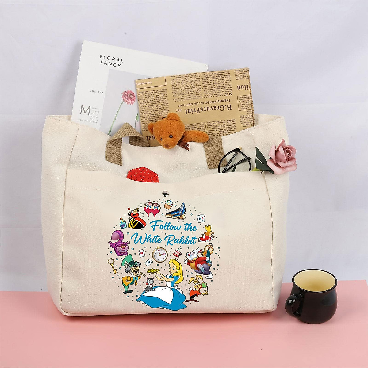 TOBGBE Fairy Tales Gift Alice Makeup Bag Follow The White Rabbit Bag Alice Gift Princess Zipper Pouch Bag (White Rabbit TB G)