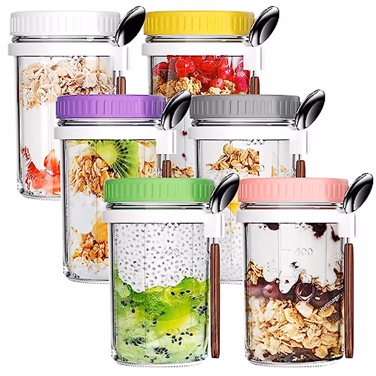 Overnight Oat Containers with Lids and Spoon 6 Set, 16OZ Large Capacity Glass Mason Jars, Glass Food Storage Containers for Milk, Cereal, Vegetable and Fruit Salad(6 PACK)