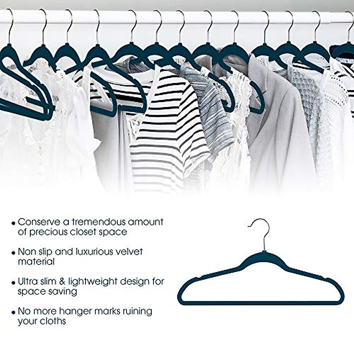Elama 100 Piece Set of Velvet Slim Profile Heavy Duty Felt Hangers with Stainless Steel Swivel Hooks in Blue