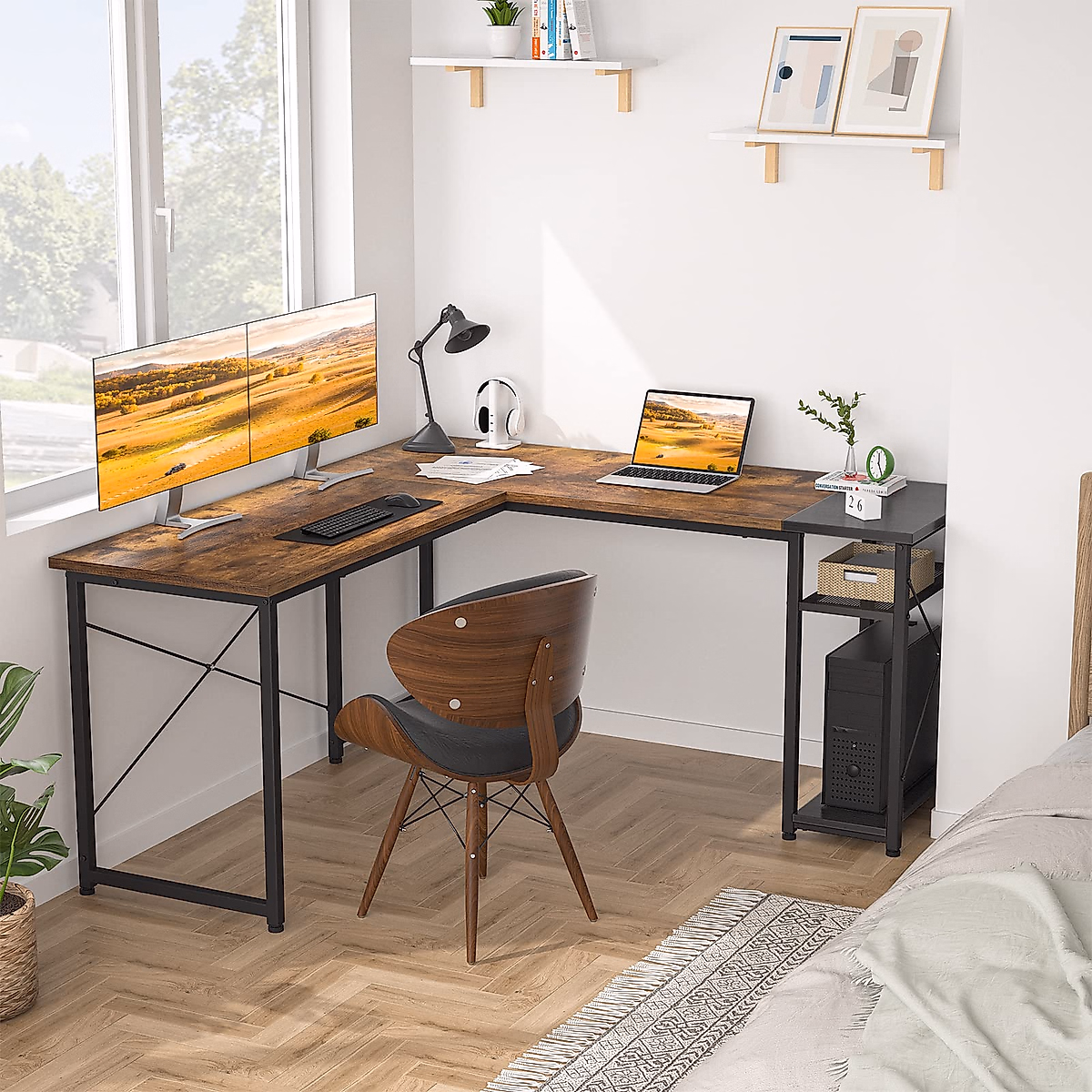 Ecoprsio L-Shaped Desk Large L Shaped Gaming Desk with Storage Shelves Industrial Corner Desk Writing Study Table for Home Office Gaming Workstation, Rustic Brown and Black