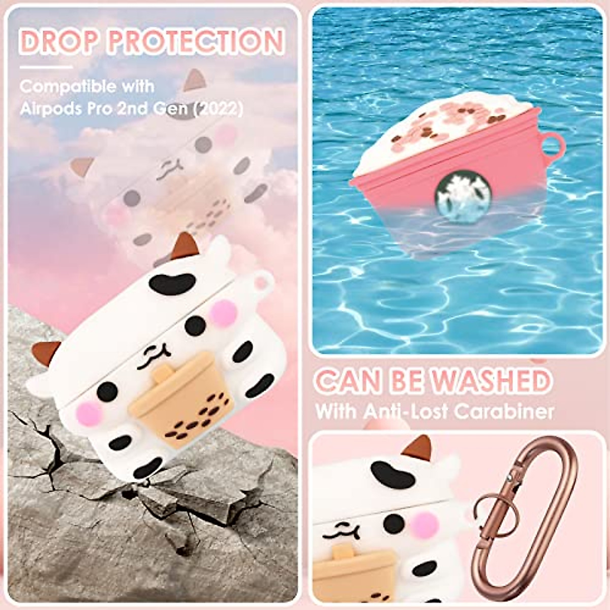 2 Pack for AirPods Pro 2nd/1st Generation Case, 3D Cute Cartoon Kawaii Funny Soft Silicone Case Cover for AirPods Pro 2 Anime Skin with Keychain for Girls Women Kids Teens (Boba Tea Cows+Coffee Cup)