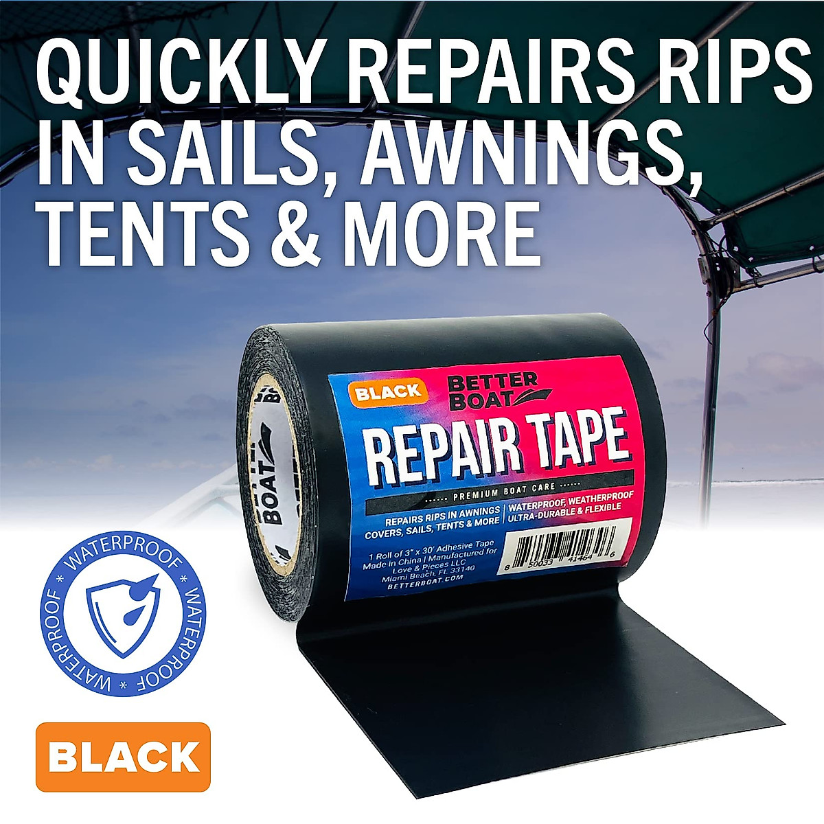 Repair Tape for Fabric Boat Covers, Canvas Tents, Pop-Up Campers, RV Awnings, Tarps, Canopies, Bimini Tops, Sails, Air Mattress Patch Kit, 30ft x 3" Black Heavy-Duty Waterproof Vinyl