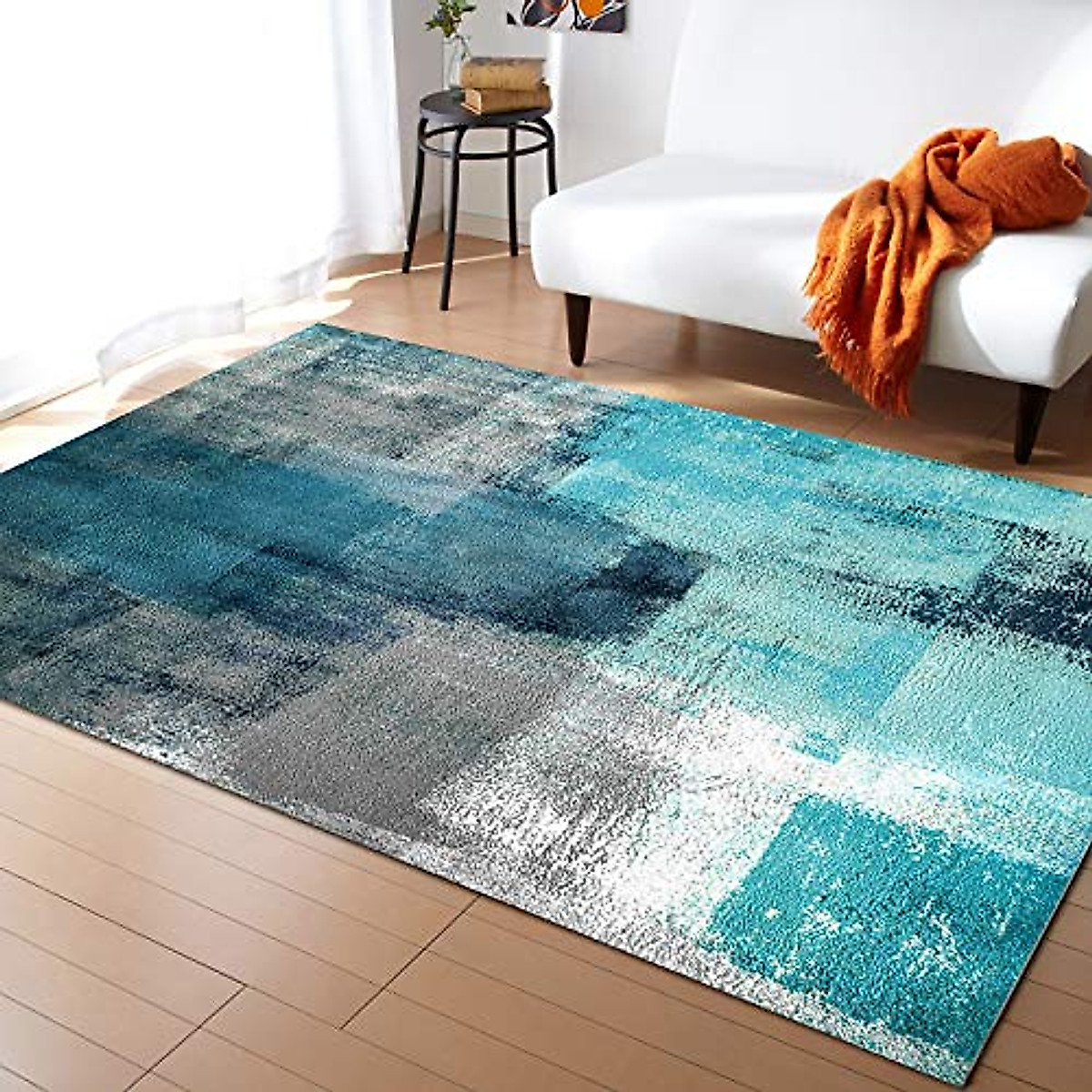 KITHOME Contemporary Non-Slip Area Rug Turquoise and Grey Abstract Art Painting Teal Printed Rugs Art Carnival Rubber Backing Living Room Floor Mats Rectangle Area Rug Carpet for Indoor 4'x6'