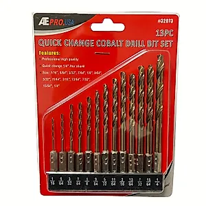 ATE Pro. USA - Cobalt Twist Drill Bit Set - 13 Pcs Hex Shank High Speed Steel for Stainless Steel, Sheet Metal, Wood, Plastic Plates, Aluminum Alloy, Quick Change, 1/16"-1/4" Professional | Industrial
