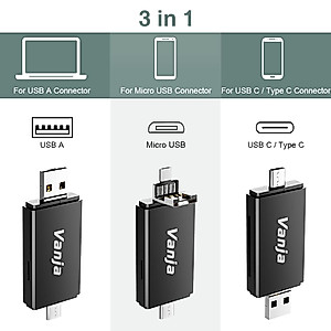 Vanja 3-in-1 SD Card Reader USB-C/USB-A/Micro USB Portable Memory Card Reader Trail Camera SD Card Adapter for SD, SDXC, SDHC, MMC, RS-MMC, Micro SD, Micro SDXC, Micro SDHC and UHS-I Cards