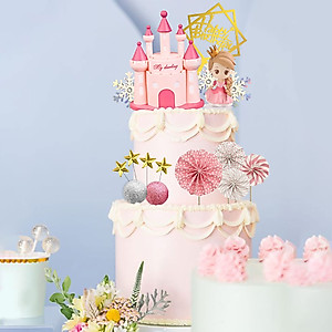 19PCS Princess Cake Topper Castle Cake Decoration for Girl with Snowflake and Stars for Girl Kid Happy Birthday Party Decorations Princess Baby Shower Supplies (Pink)