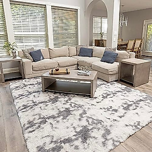 Ophanie 8x10 Area Rugs for Living Room, Large Shag Bedroom Carpet, Tie-Dyed Grey&White Big Indoor Thick Soft Nursery Rug, Fluffy Carpets for Boy and Girls Room Dorm Home Decor Aesthetic