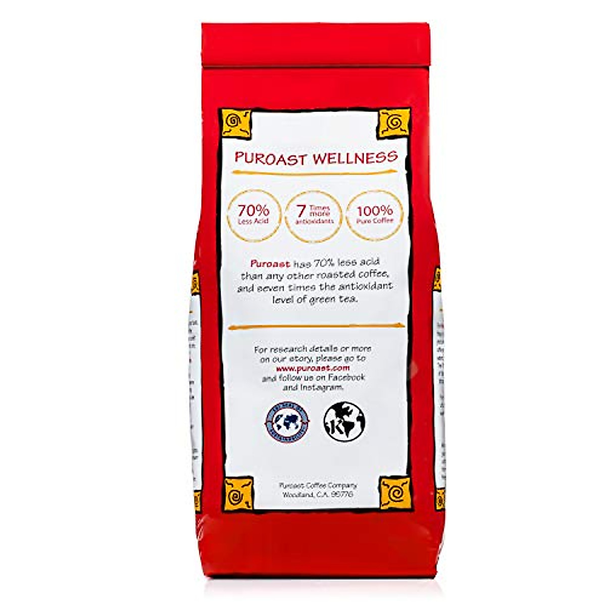 Puroast Low Acid Coffee Ground Organic French Roast, Dark Roast, Certified Low Acid Coffee, pH 5.5+, Gut Health, 12 oz., Higher Antioxidant, Smooth for Espresso, Iced Coffee