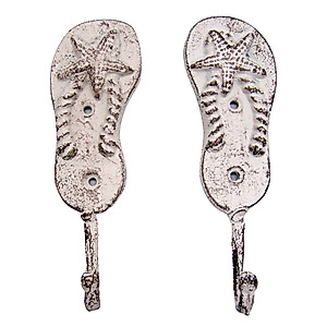 Cast Iron Pair of White Washed Flip Flop Wall Hooks, Beach Themed Décor, Set of 2, 6.5 Inches