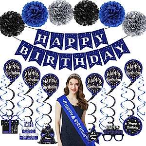 Birthday Decorations Blue Black, Happy Birthday Party Decorations for Men Women Boys Girls, Happy Birthday Banner, Double-Sided Bday Pattern Card, Birthday Sash, Pompoms, Hanging Swirl Bday Decor Set