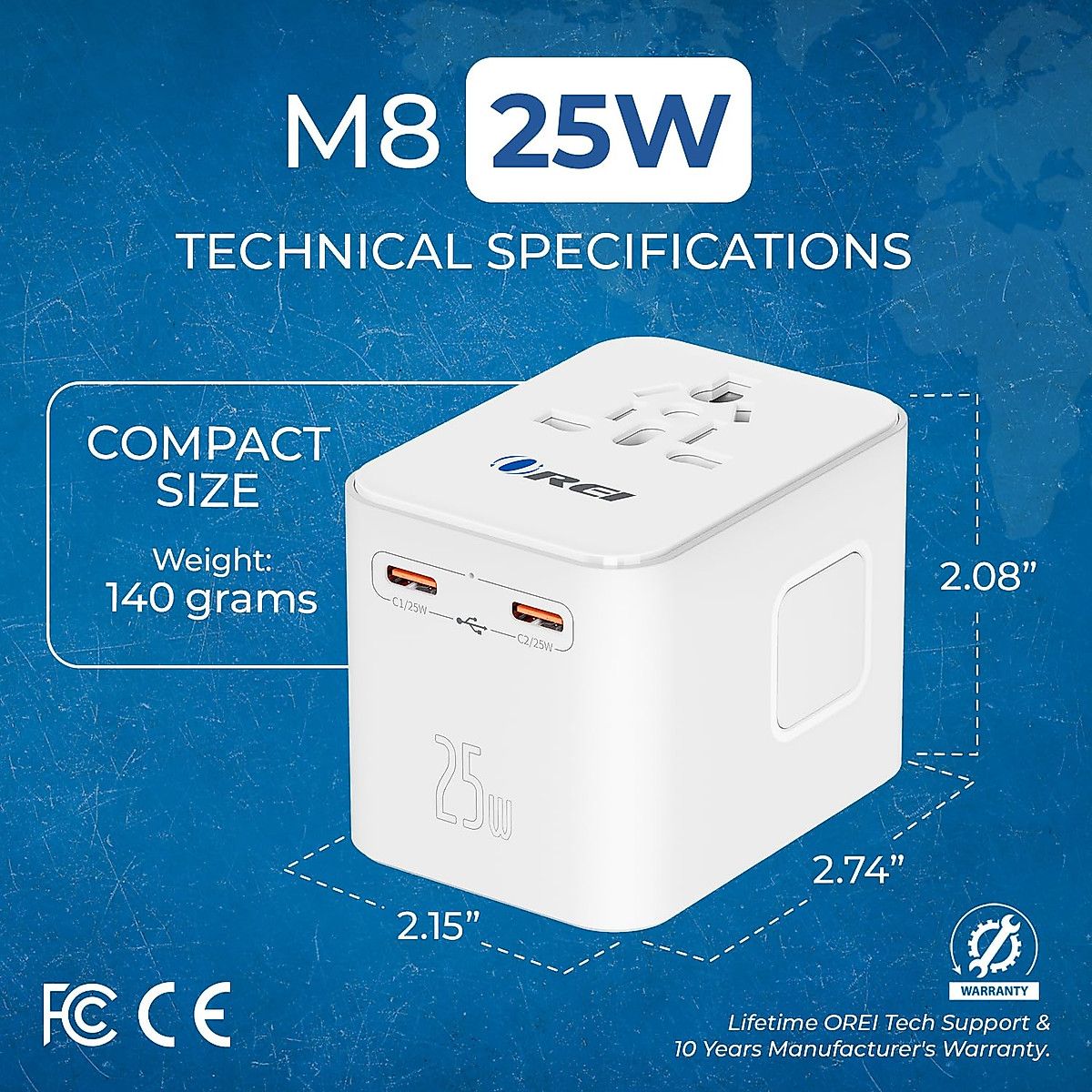 OREI 25Watt Universal Travel Adapter | 2 (USB C) 1 (USB A) 4-in-1 Universal Power Adapter | | Type C, A, G, I Compatible | Universal Chargers for All Devices compatible 150+ Countries