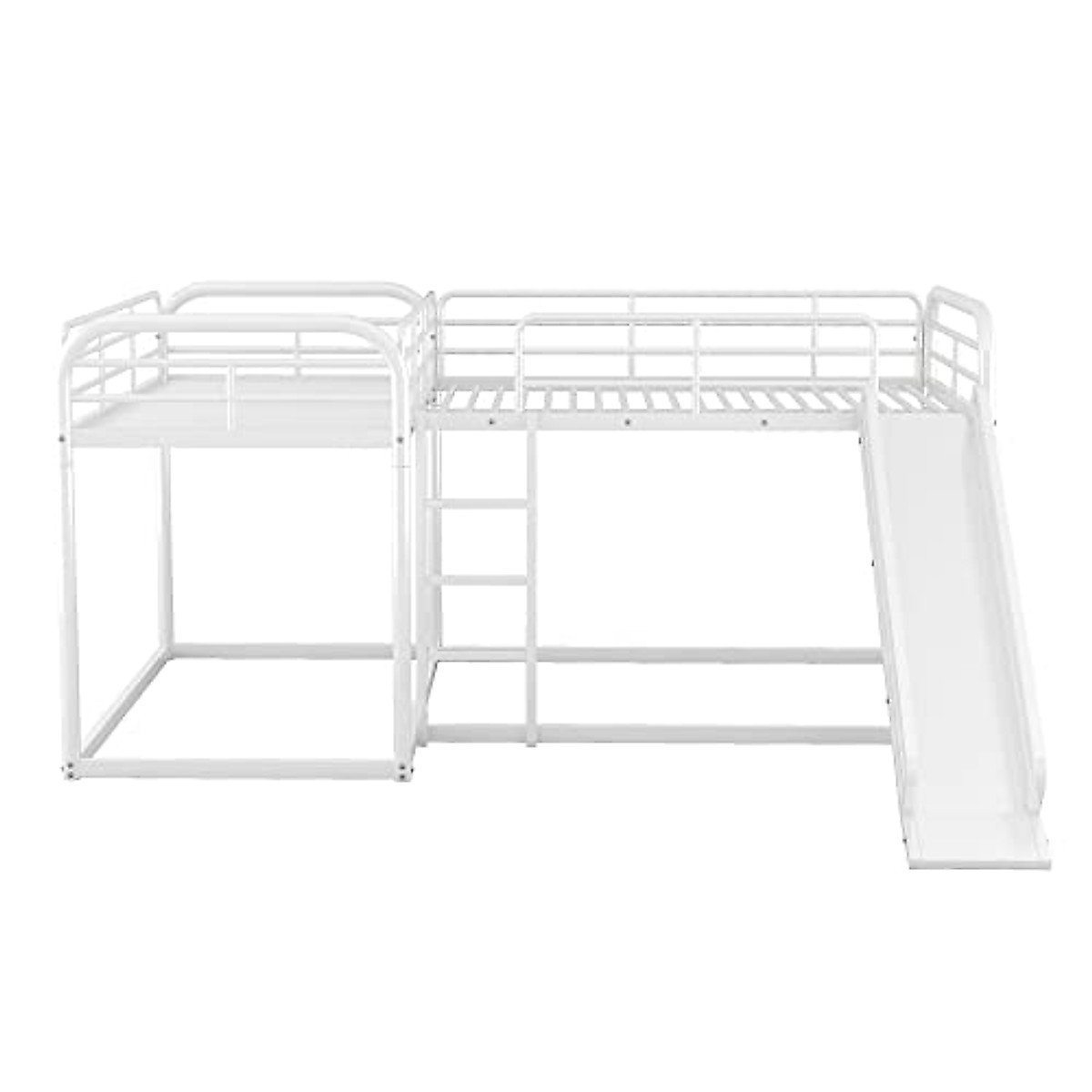 WOXYX Full and Twin Size L-Shaped Bunk Bed,Metal 4 Beds Frame with Slide and Short Ladder,Black