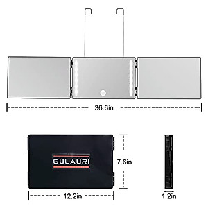 GULAURI 3 Way Mirror with LED Lights for Hair Cutting 360 Barber Mirror Trifold Mirror Portable Mirrors,Adjustable, Portable, Hands-Free