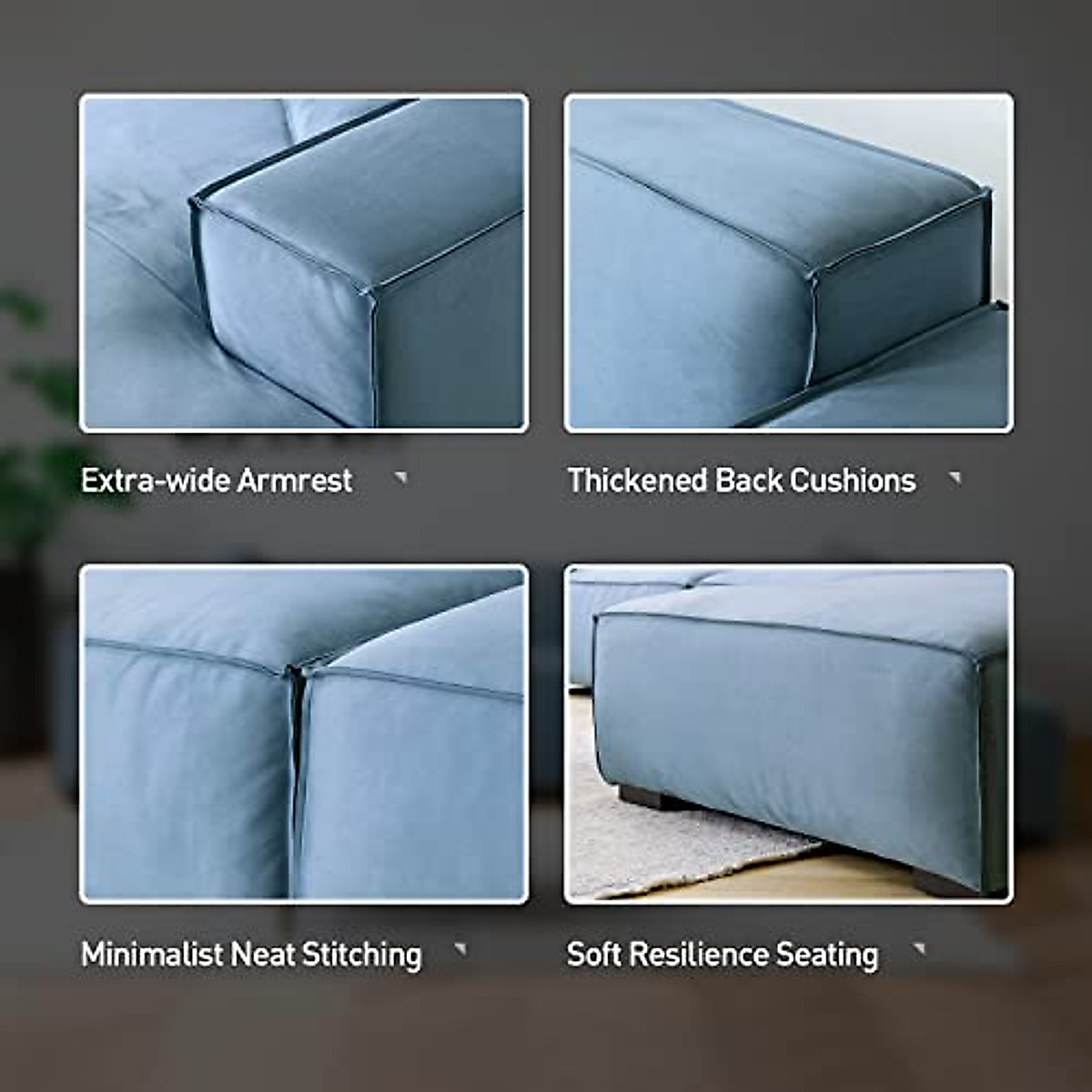 Acanva Modern L-Shaped Deep Sectional Sofa Furniture Set for Living Room Lounge, Minimalist Style Comfy Suedette Upholstery Corner Couch with Chaise, Blue