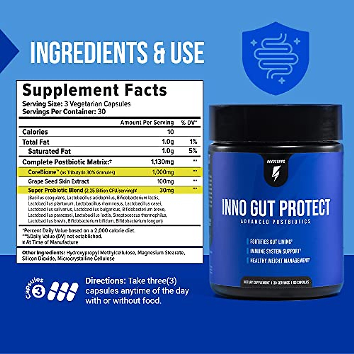 Inno Gut Protect | Complete Probiotic & Postbiotic Formula, Vegan-Friendly, CoreBiome, Grape Seed Skin Extract, Super Probiotic Blend, 30 Servings