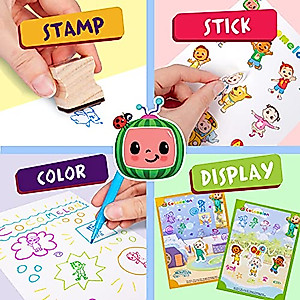 Cocomelon Stamp Set by Creative Kids- 36+ Piece Wooden Stamps Set Includes Ink Pads, Stickers, Markers, Picture Frames - Montessori Wood Stamp Birthday Gift Set for Girls Boys Toddlers Ages 3+