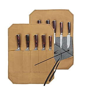 Knife Cases Organizer-Durable Waxed Canvas With Cut Resistant Lining -knife Roll 5 Pockets (Khaki-One)