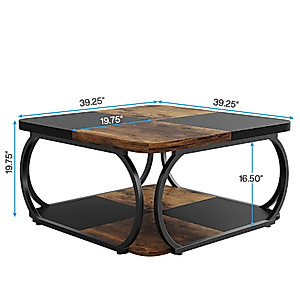 Tribesigns Square Coffee Table with 2 Tiers, 40 inches Low Farmhouse Coffee Table with Wood Storage Shelf Heavy Duty Metal Curved Frame for Modern Living Room, Black Rustic Brown