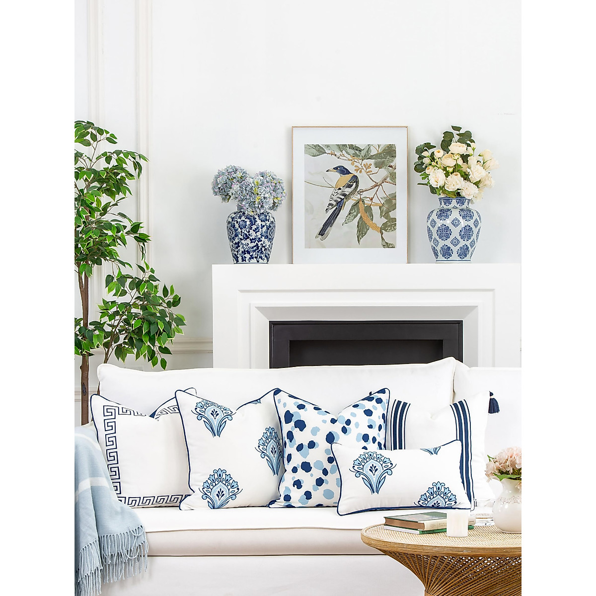 Hofdeco Premium Coastal Patio Indoor Outdoor Throw Pillow Cover Only, 20"x20" Water Repellent for Backyard, Couch, Navy Blue Leopard with Piping