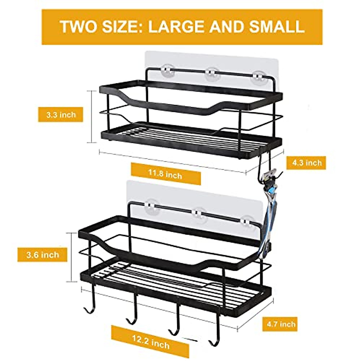 Shower Shelf Inside Shower Shower, Stylish Adhesive Shower Organizer Caddy Hanging +6 Movable Hooks, Stainless Steel No Drilling -Black, 2 Pack