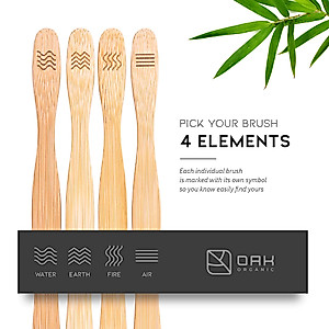 OAK ORGANIC Charcoal Toothbrush – Get Sparkling Clean Teeth – Natural Soft Bamboo Charcoal Toothbrush with Travel Case – Biodegradable Wooden Eco Toothbrush – 4 Set - EARTH, AIR, FIRE, WATER